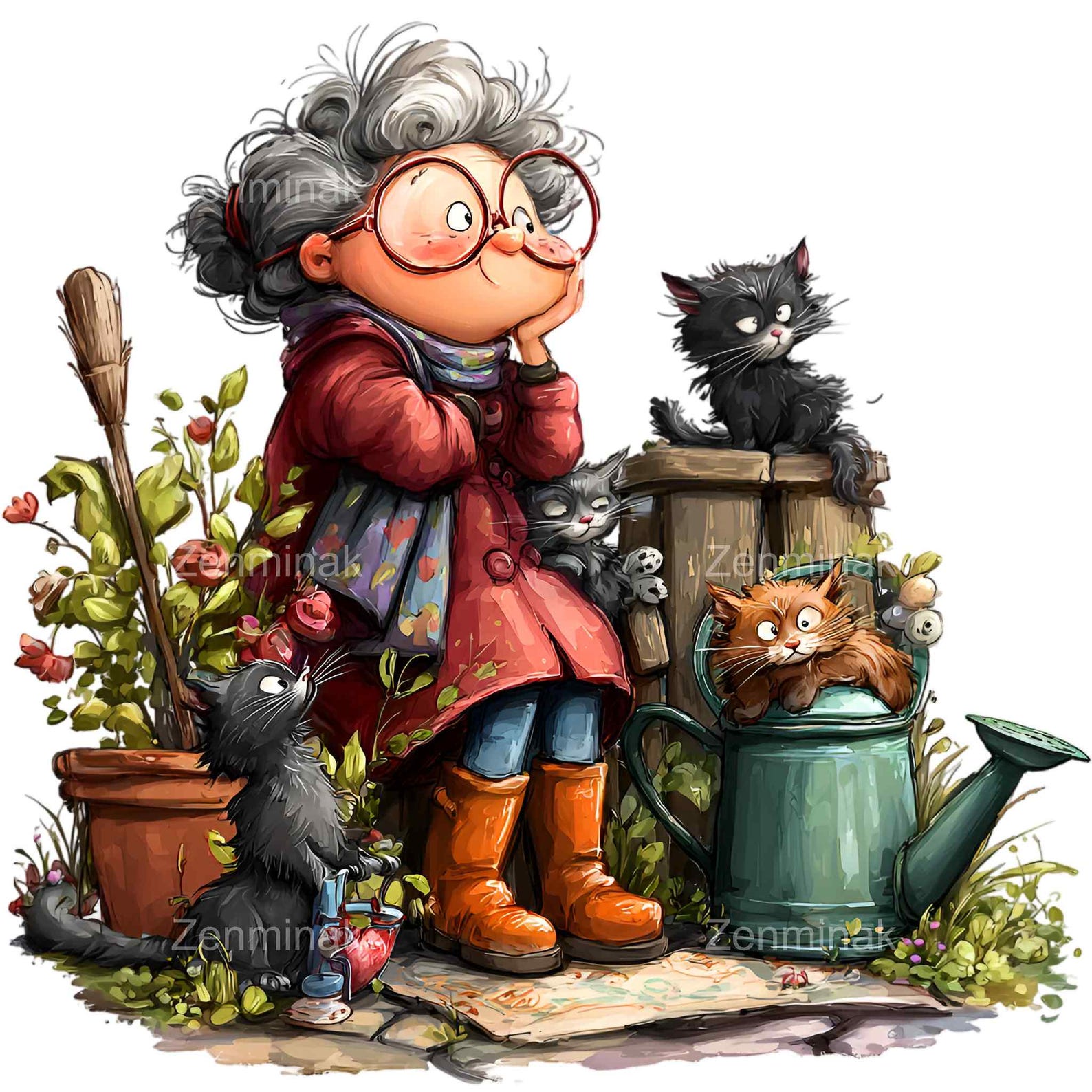 15 PNG Cat Grandma Clipart – Funny Lady With Kittens PNG – Whimsical ...