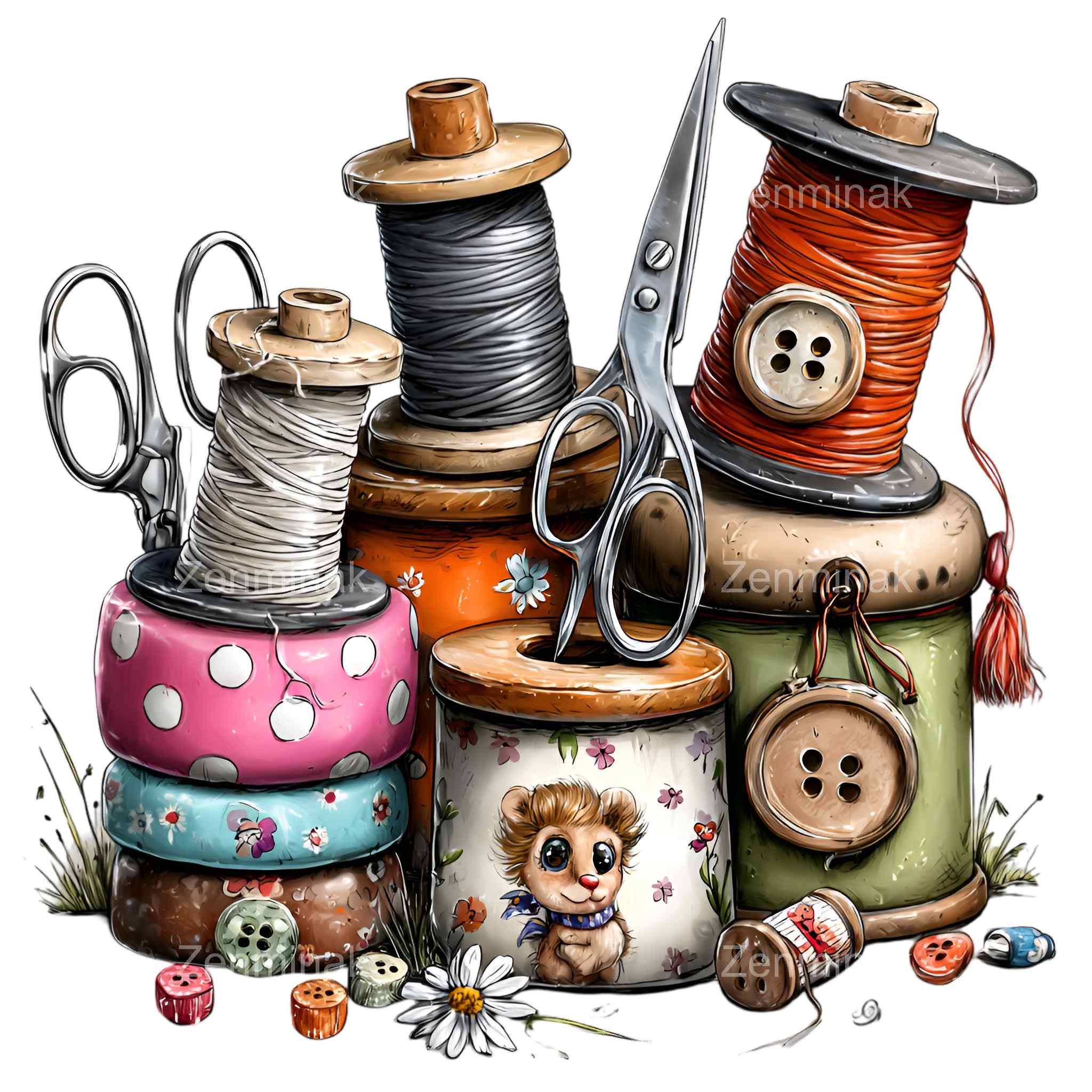 16 PNG Sewing Tools – Colorful Spools, Buttons & Scissors Clipart With ...