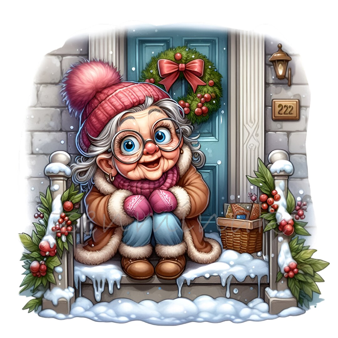 10 PNG Winter Grandma Clipart – Elderly Lady on Snowy Doorstep With ...