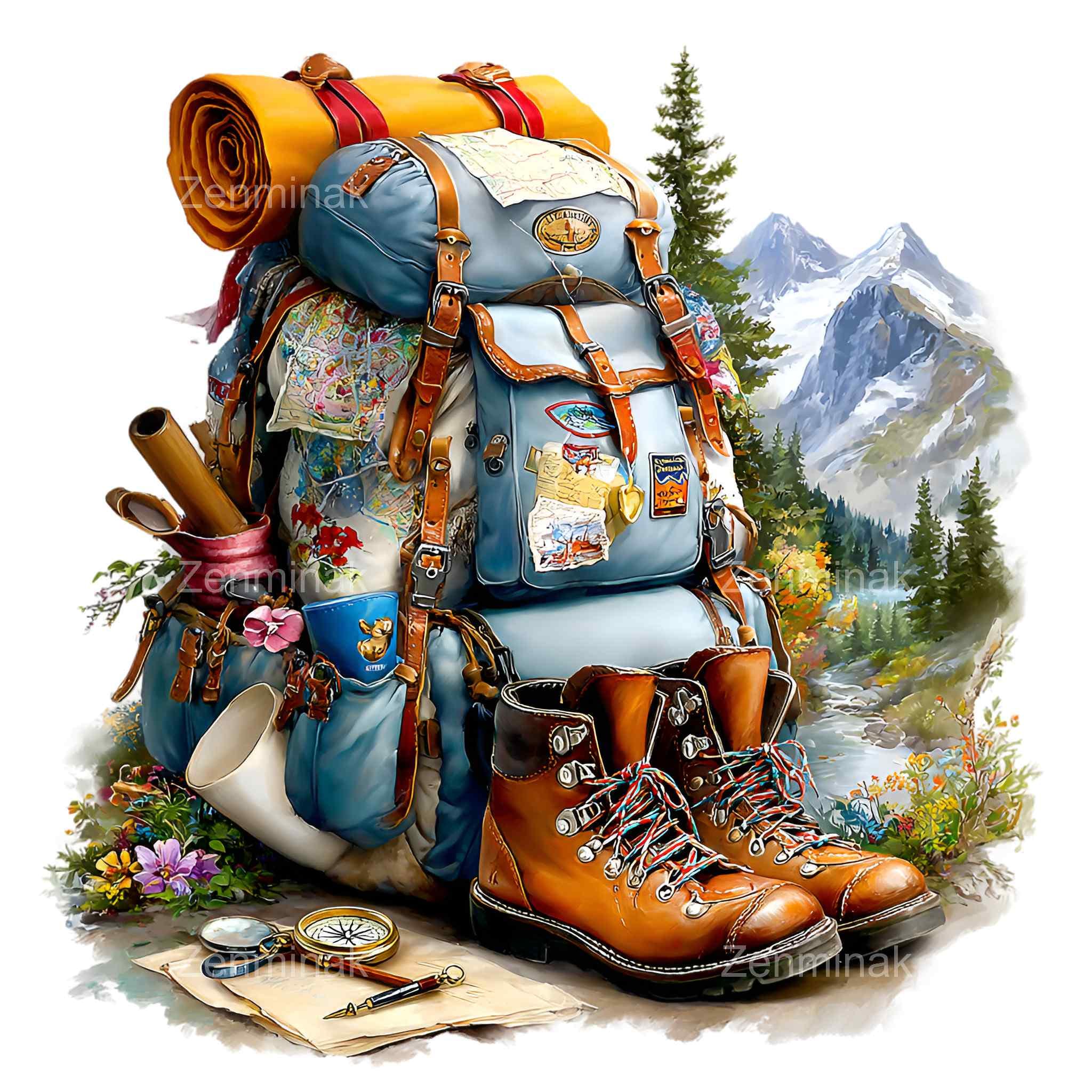 15 PNG Hiking Backpack Clipart, Camping Travel Gear Illustration ...