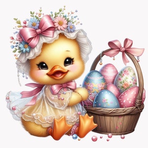 10 Easter Duckling Clip Art PNG - Adorable Chick in Floral Hat With ...