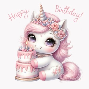10 Pink Unicorn Birthday Clip Art | Cake and Unicorn PNG | Cute Party ...