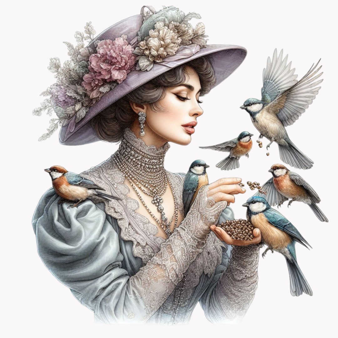 Elegant Victorian Lady With Birds, 10 PNG Files 10x10in, Vintage Style ...