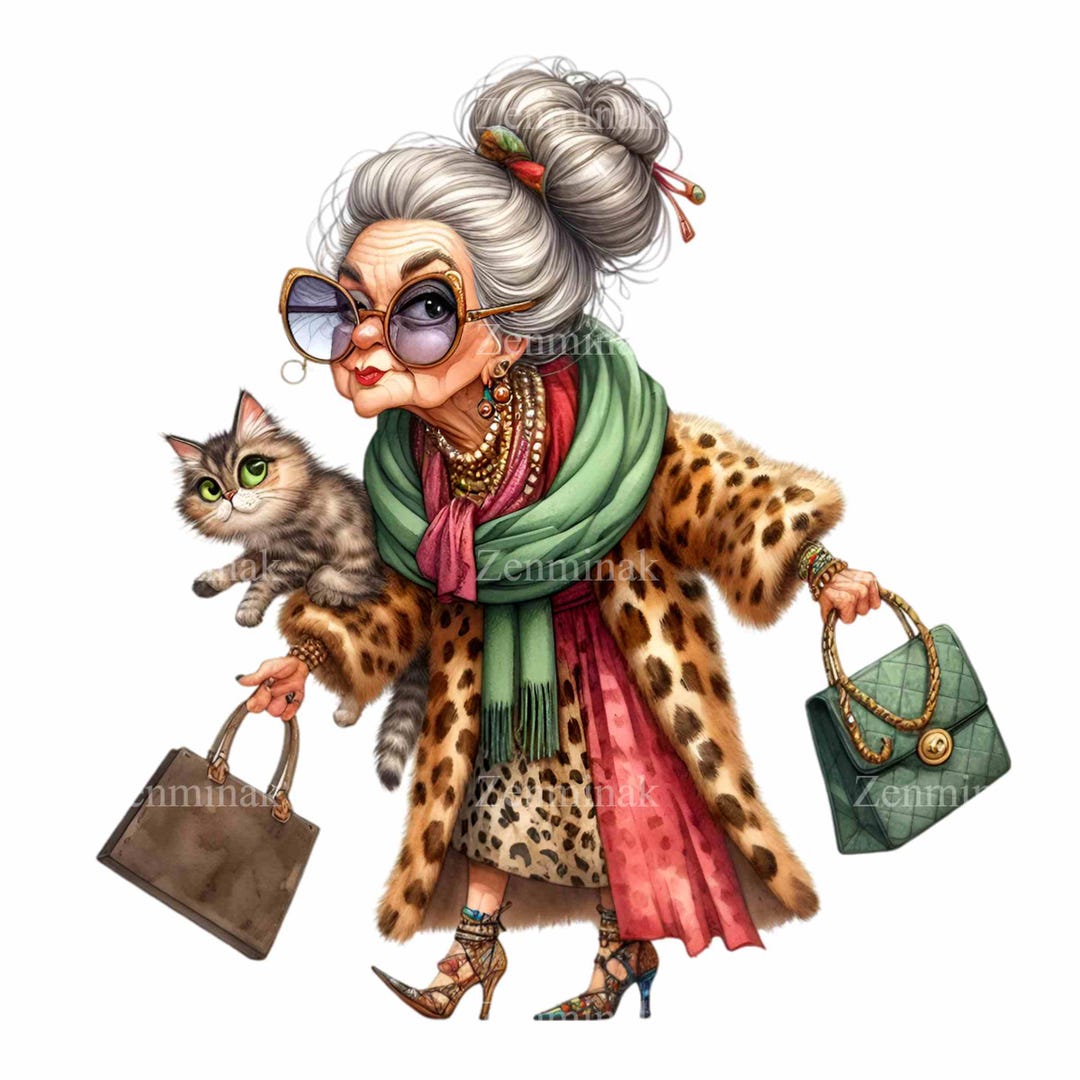 12 PNG Funny Senior Lady – Eccentric PNG Clipart – Leopard Coat Grandma ...