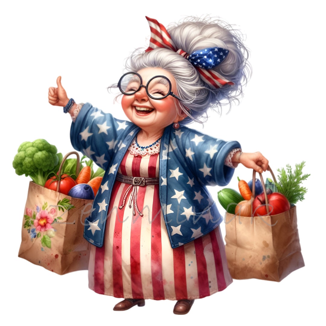 Patriotic Grandma Shopping Bags Vegetables, America Senior Lady Clipart ...
