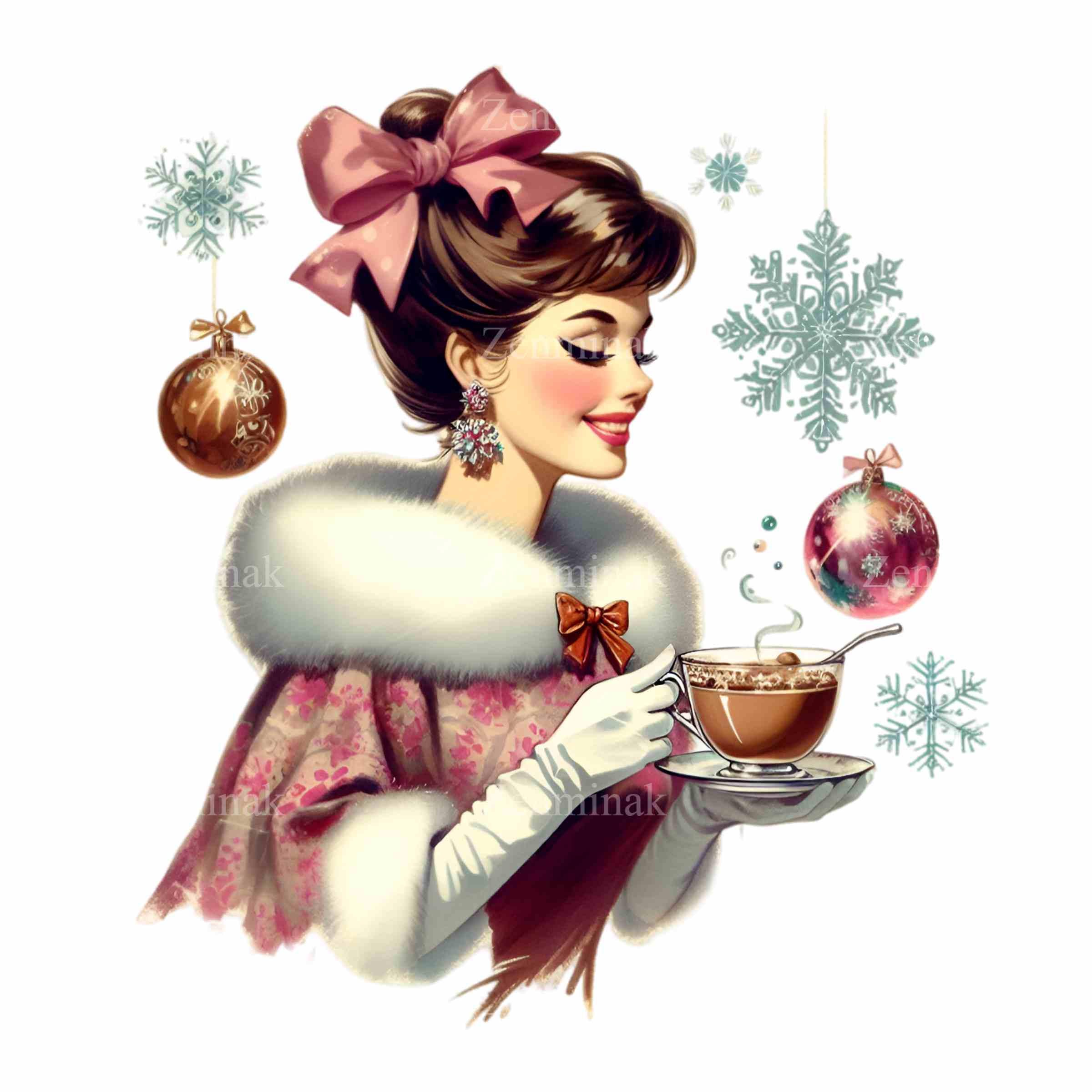 15 PNG Retro Christmas Lady Clipart – PNG of Vintage Woman With Cocoa ...