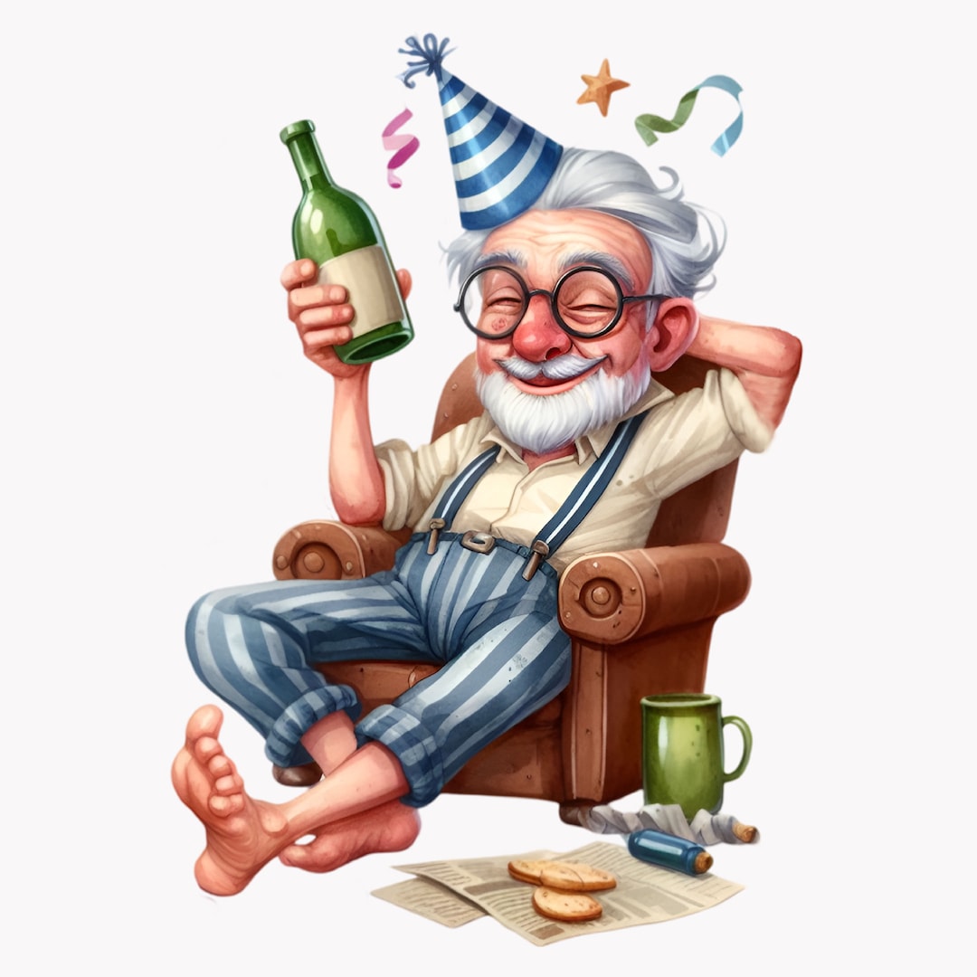 Funny Grandpa Drinking Wine Clipart Bundle, Grandfather Png, Elderly ...