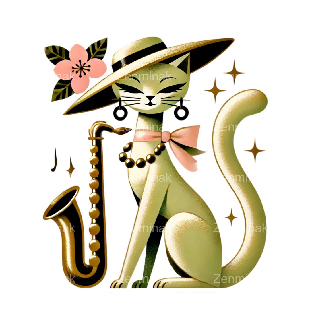 20 Jazz Cat Clip Art PNG, Retro Saxophone Cat Illustration, Stylish ...