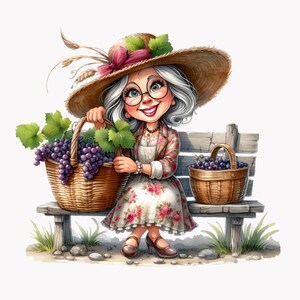 Funny Grandma Clipart Bundle, Granny Vineyard PNG, Grapes, Autumn ...