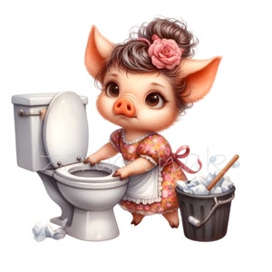 12 Pig Cleaning Bathroom Clip Art, Cute Animal in Floral Dress PNG ...