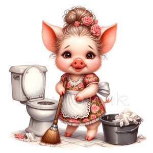 12 Pig Cleaning Bathroom Clip Art, Cute Animal in Floral Dress PNG ...