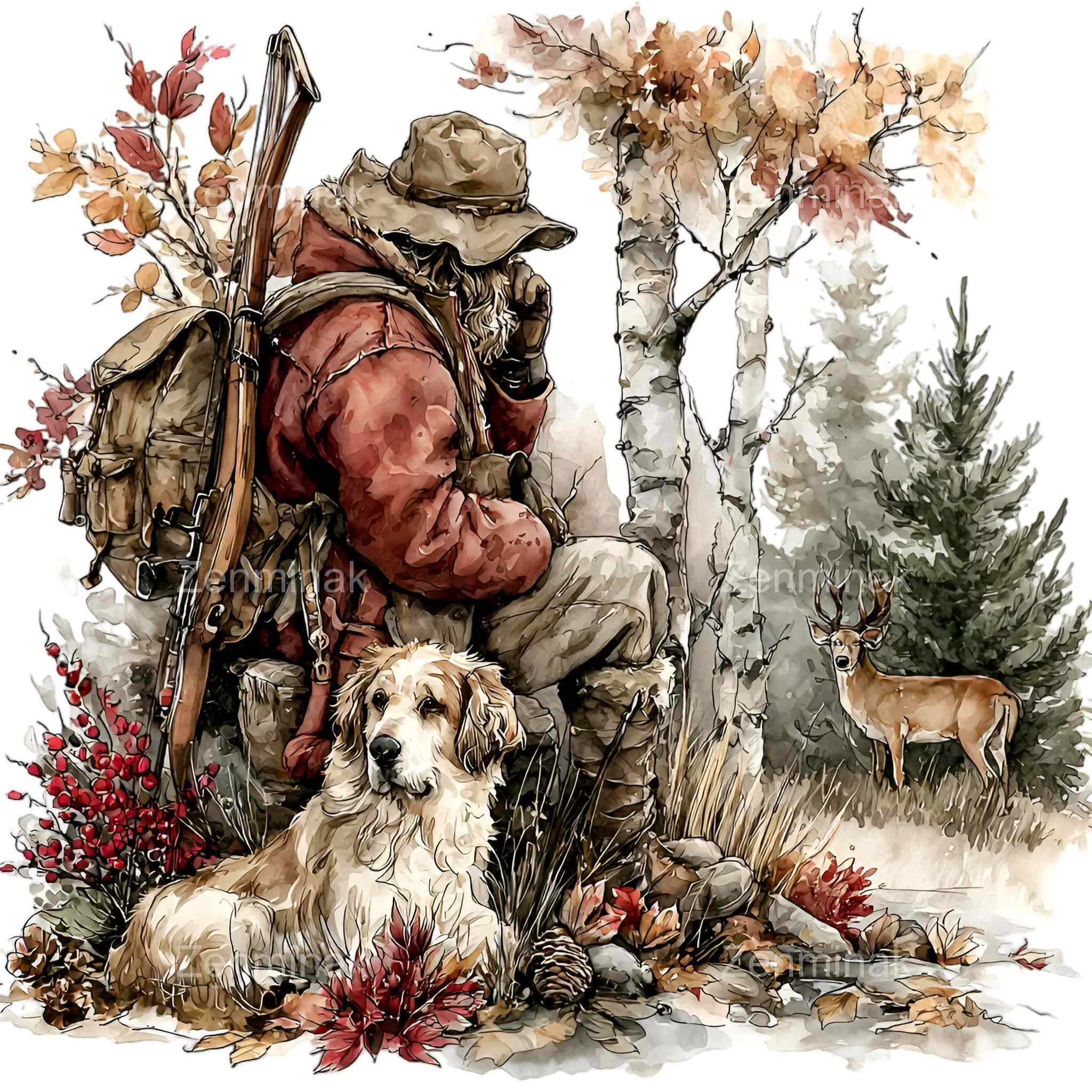10 PNG Autumn Woodsman Clipart – Forest Man With Dog and Deer PNG for ...