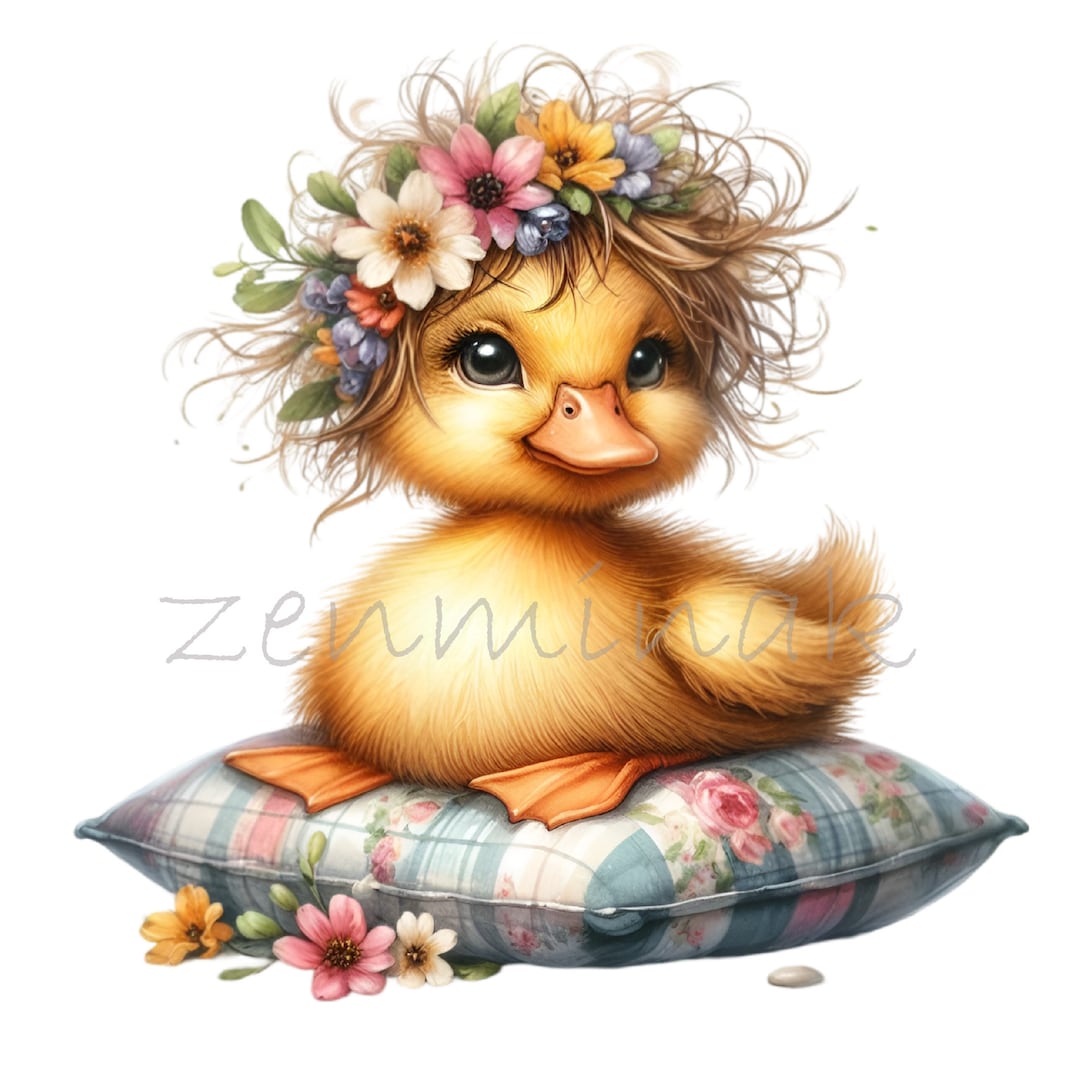 10 PNG Duckling Clipart PNG – Spring Flower Crown Duck on Pillow, Cute ...