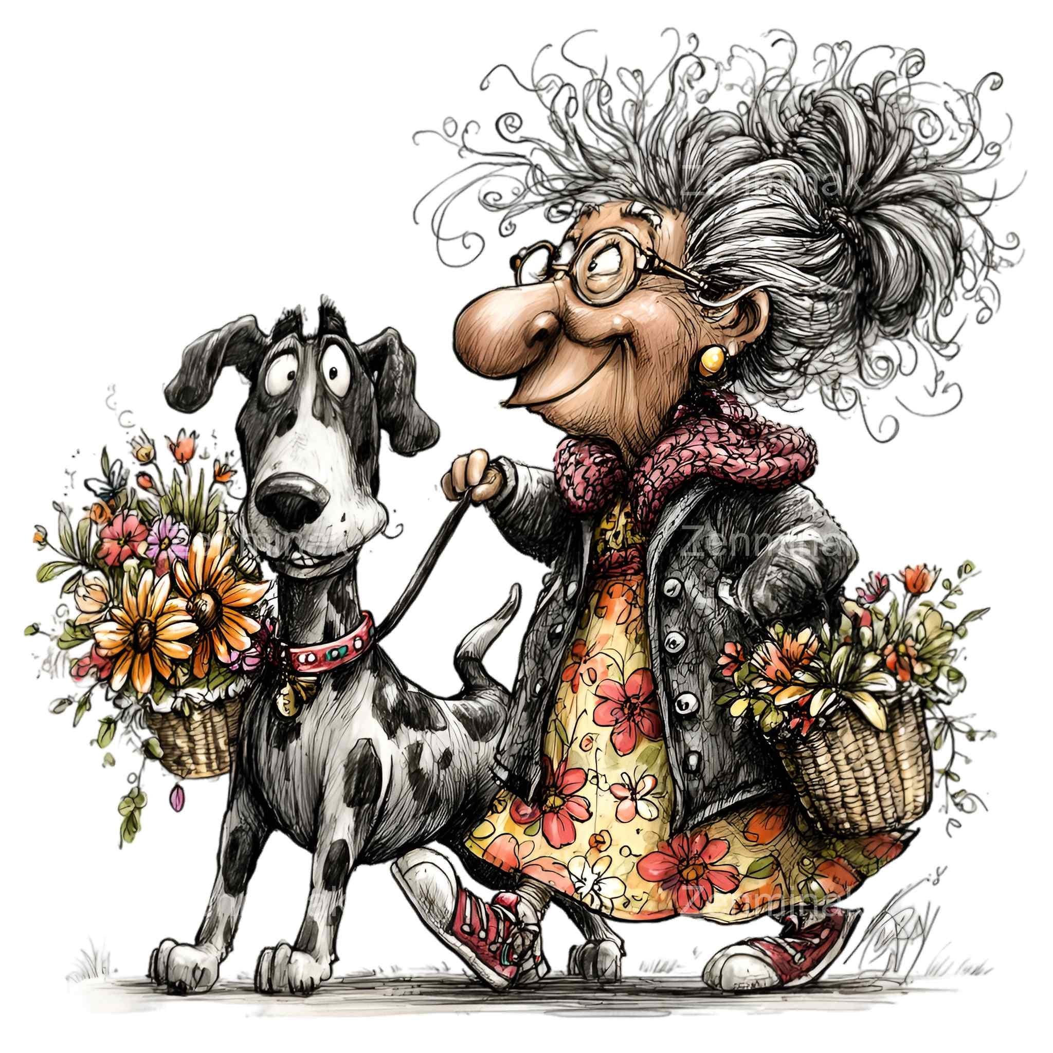 15 PNG Funny Dog Clipart – Whimsical Old Lady With Great Dane PNG for ...