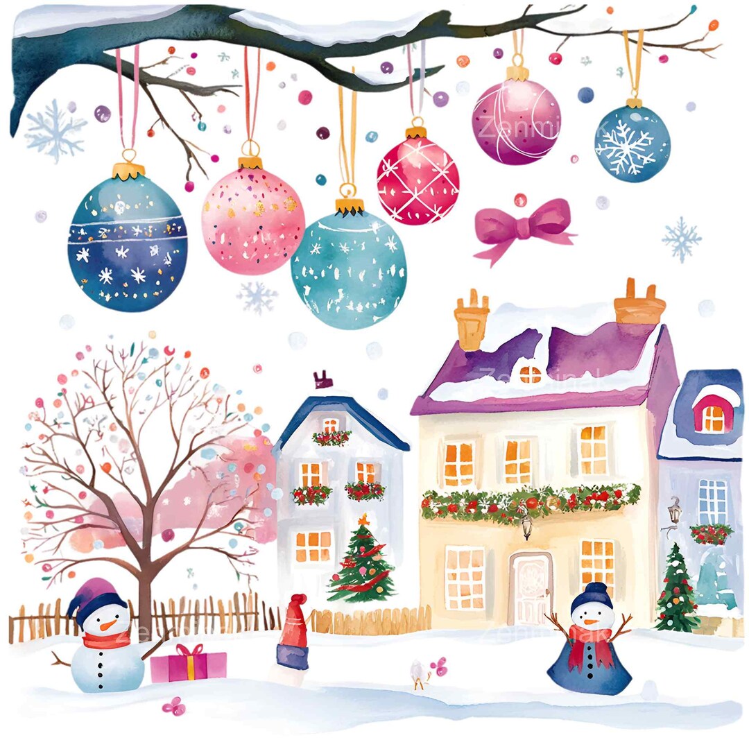 20 PNG Watercolor Winter Village Clipart – Cute Christmas Scene PNG ...