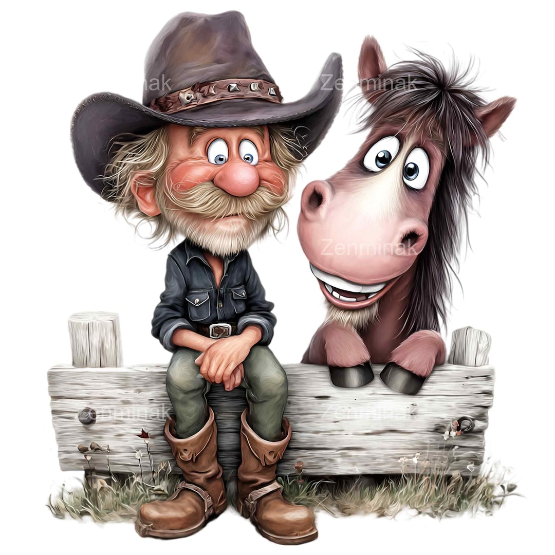 15 PNG Funny Rancher With Horse Clipart, Farm Humor Illustration ...