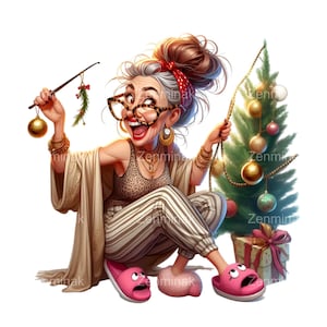 Funny Christmas Lady Decorating Tree PNG, 19 Holiday Grandma Clipart ...