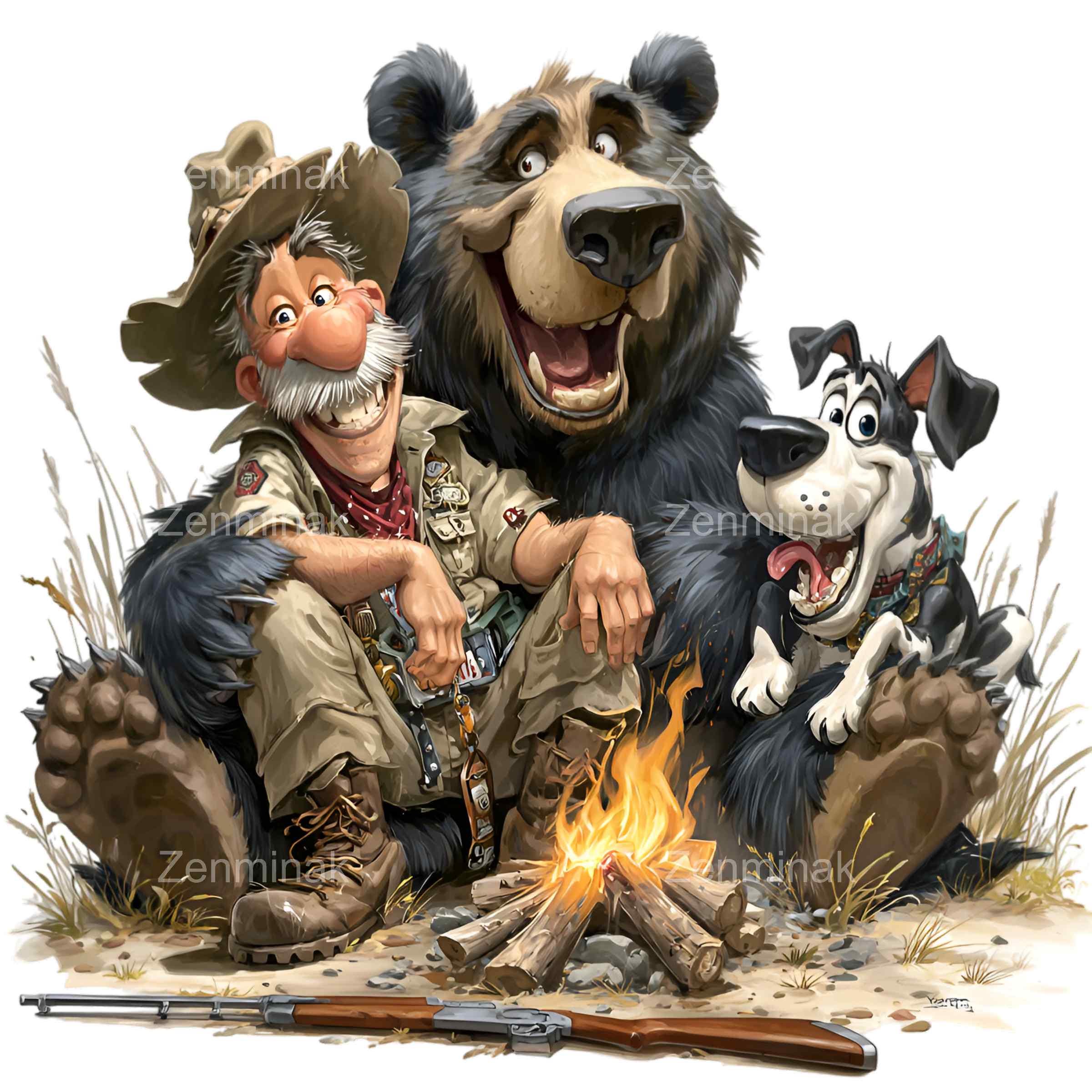 10 PNG Funny Hunter Clipart – PNG Old Man With Bear and Dog by Campfire ...