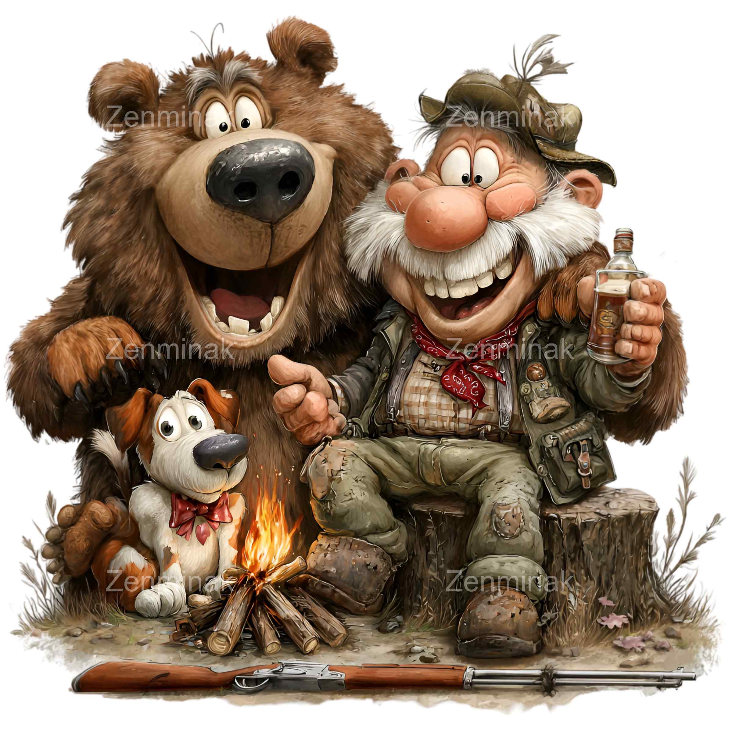 10 PNG Funny Hunter Clipart – PNG Old Man With Bear and Dog by Campfire ...