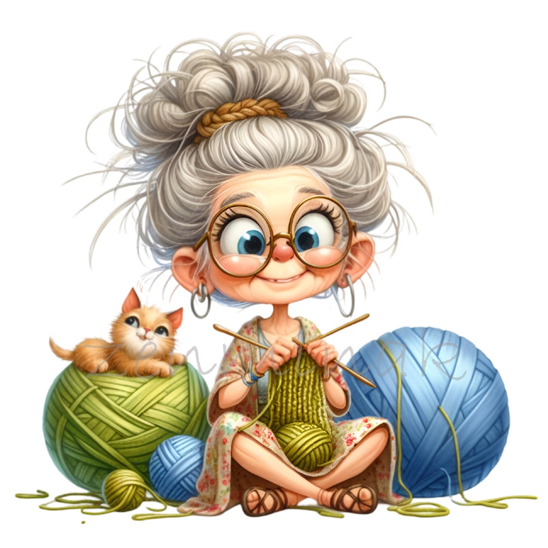 Senior Lady Knitting 10 PNG Funny Comics Grandma Crochet Cartoon ...