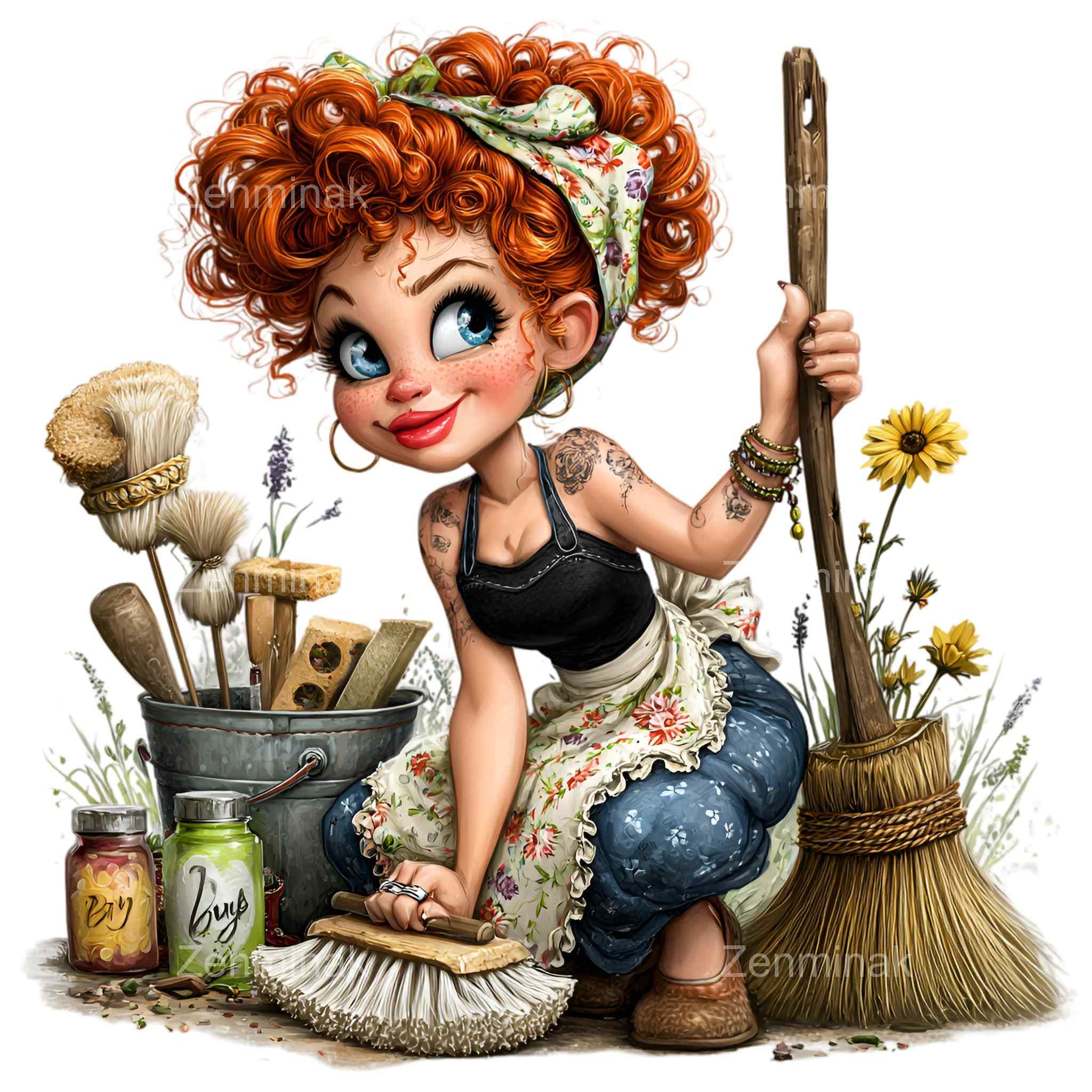 18 PNG Funny Retro Cleaning Lady Clipart – Vintage Housewife With Mop ...
