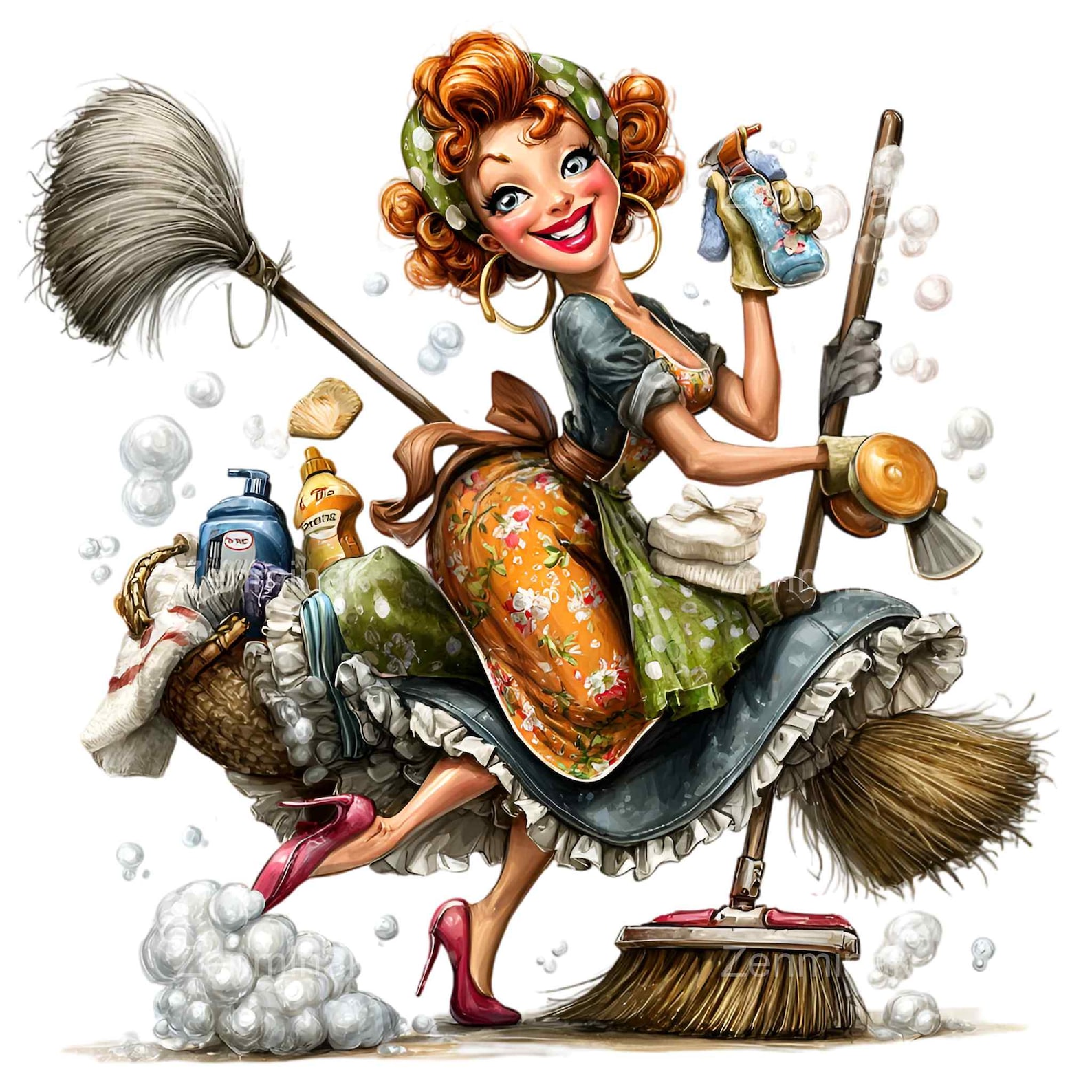 18 PNG Funny Retro Cleaning Lady Clipart – Vintage Housewife With Mop ...