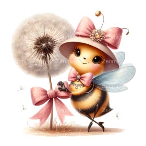 15 Cute Bee With Hat PNG Clipart – Big Pink Bow, Blue Flowers ...