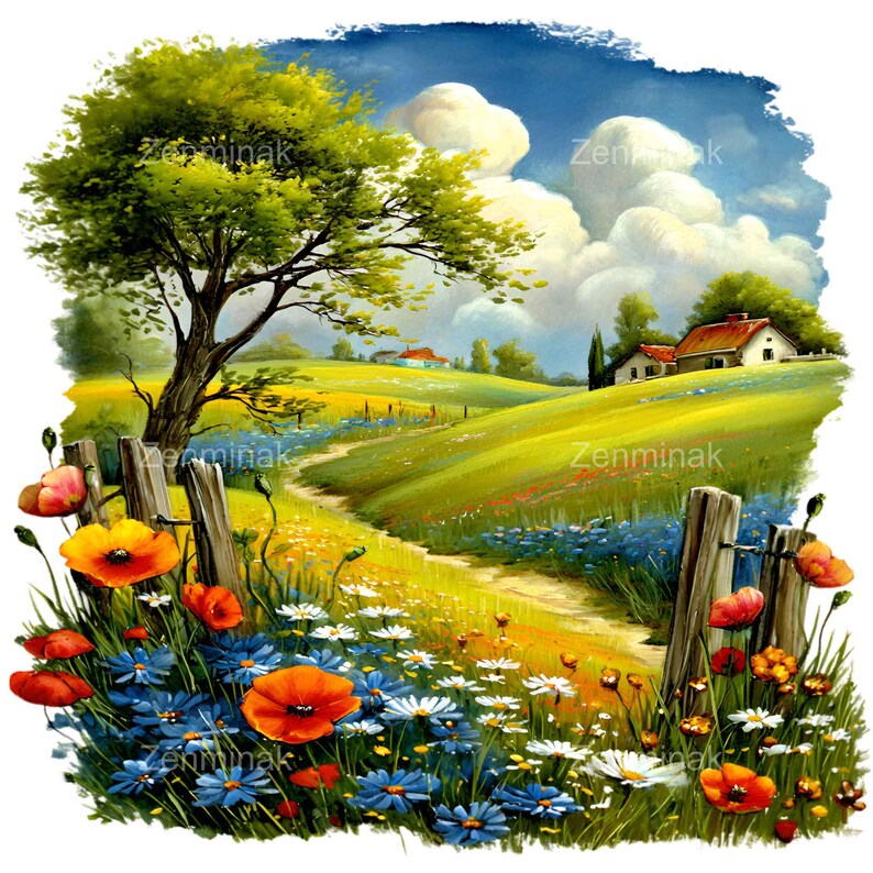 15 PNG Spring Landscape Clipart, Watercolor Meadow Scene, Wildflower ...