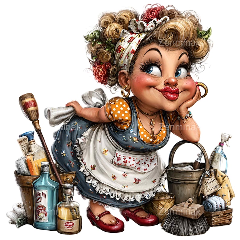 18 PNG Funny Retro Cleaning Lady Clipart – Vintage Housewife With Mop ...