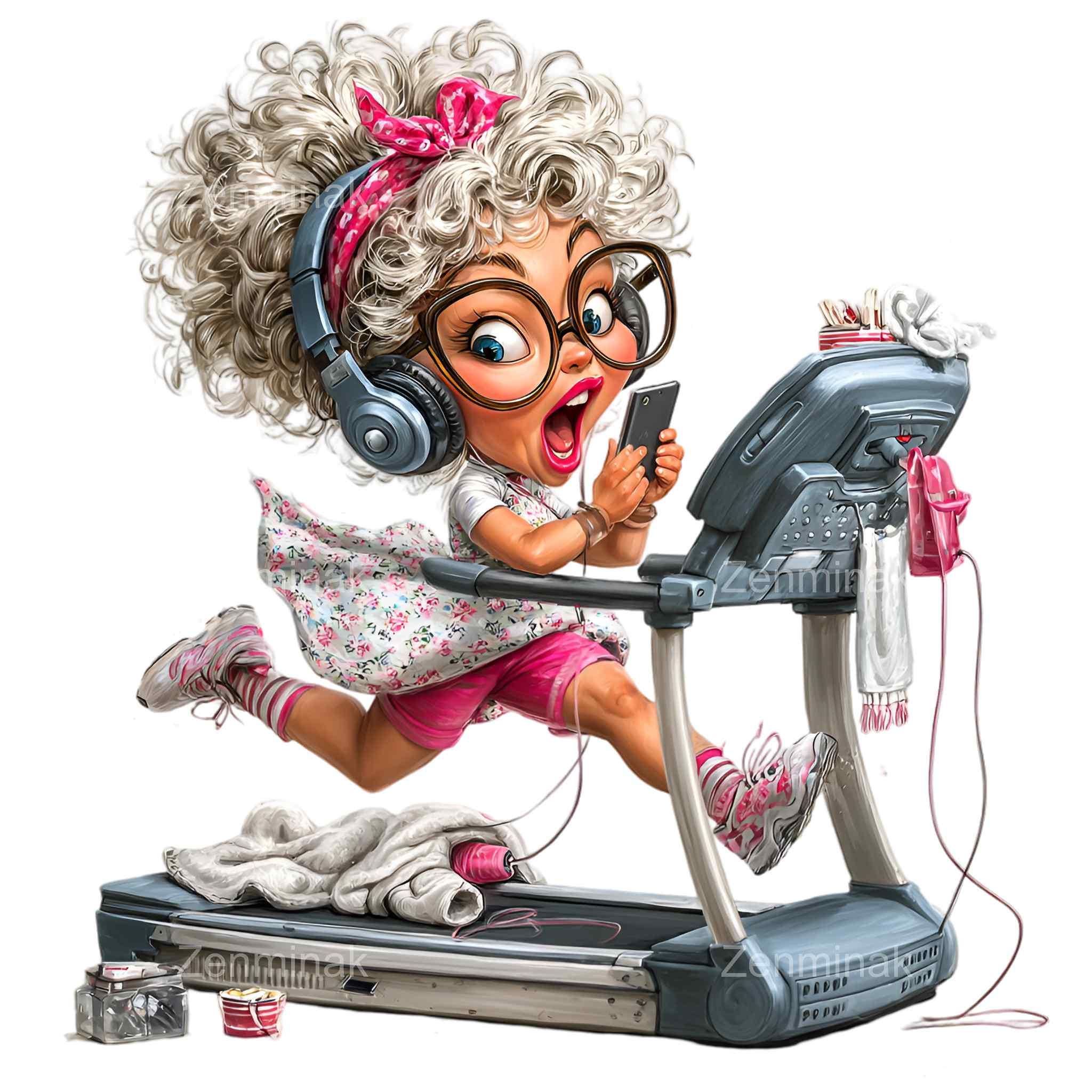 21 PNG Funny Gym Lady Clipart – Cartoon Woman Running on Treadmill ...