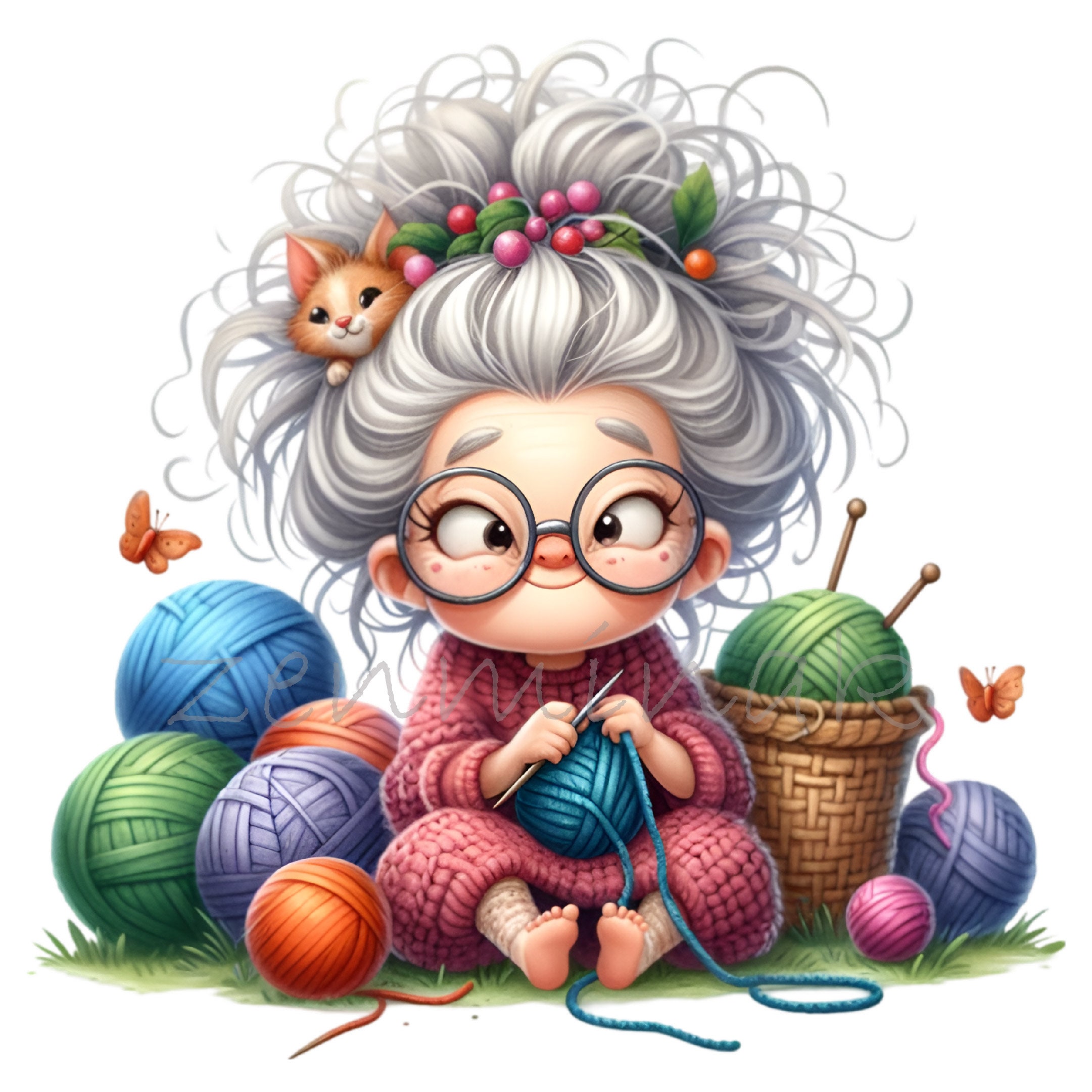 Senior Lady Knitting 10 PNG Funny Comics Grandma Crochet Cartoon ...
