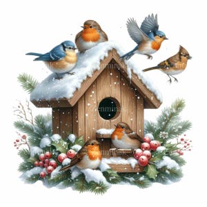 Winter Birdhouse PNG With Blue Jays and Robins, 15 Snowy Pine and Holly ...