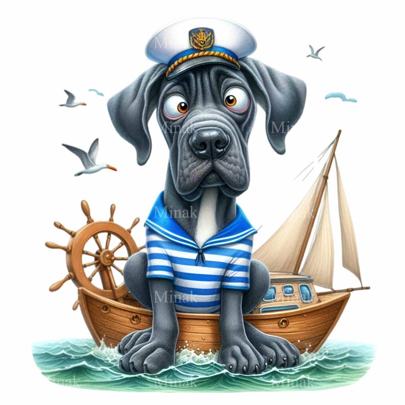 12 PNG Sailor Dane Clipart, Nautical Dog Boat & Seagulls - Etsy