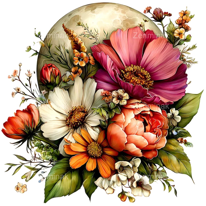 15 PNG Floral Moon Clipart, Botanical Flowers Crescent Illustration ...