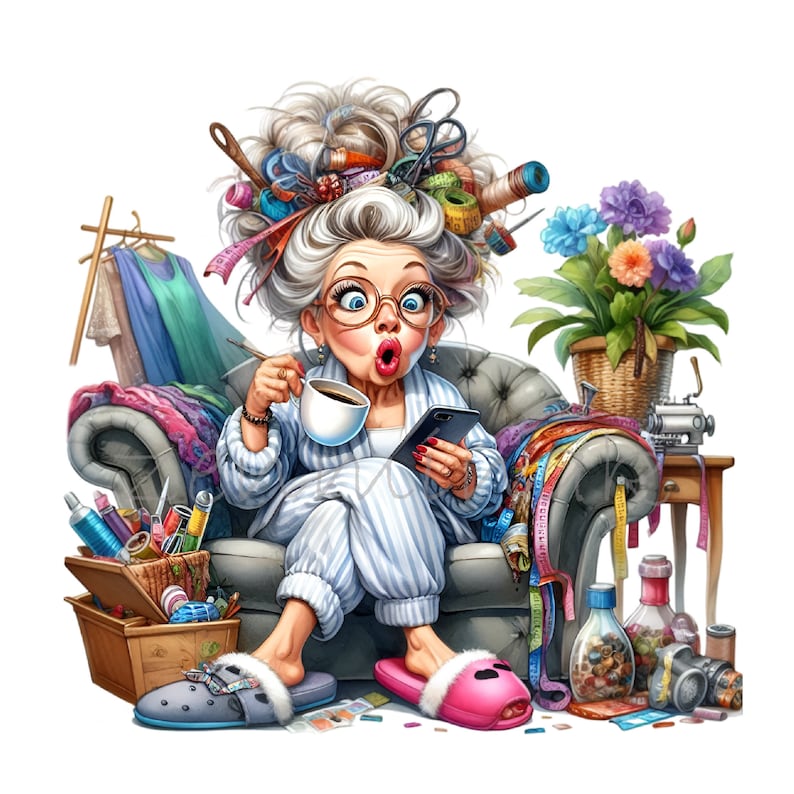Crafting Grandma 12 PNG Clipart | Fun Granny With Coffee and Sewing ...