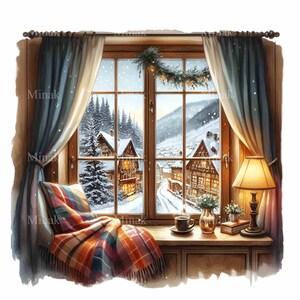 Winter Window Scene PNG With Snowy Village View, 15 Plaid Blanket, and ...