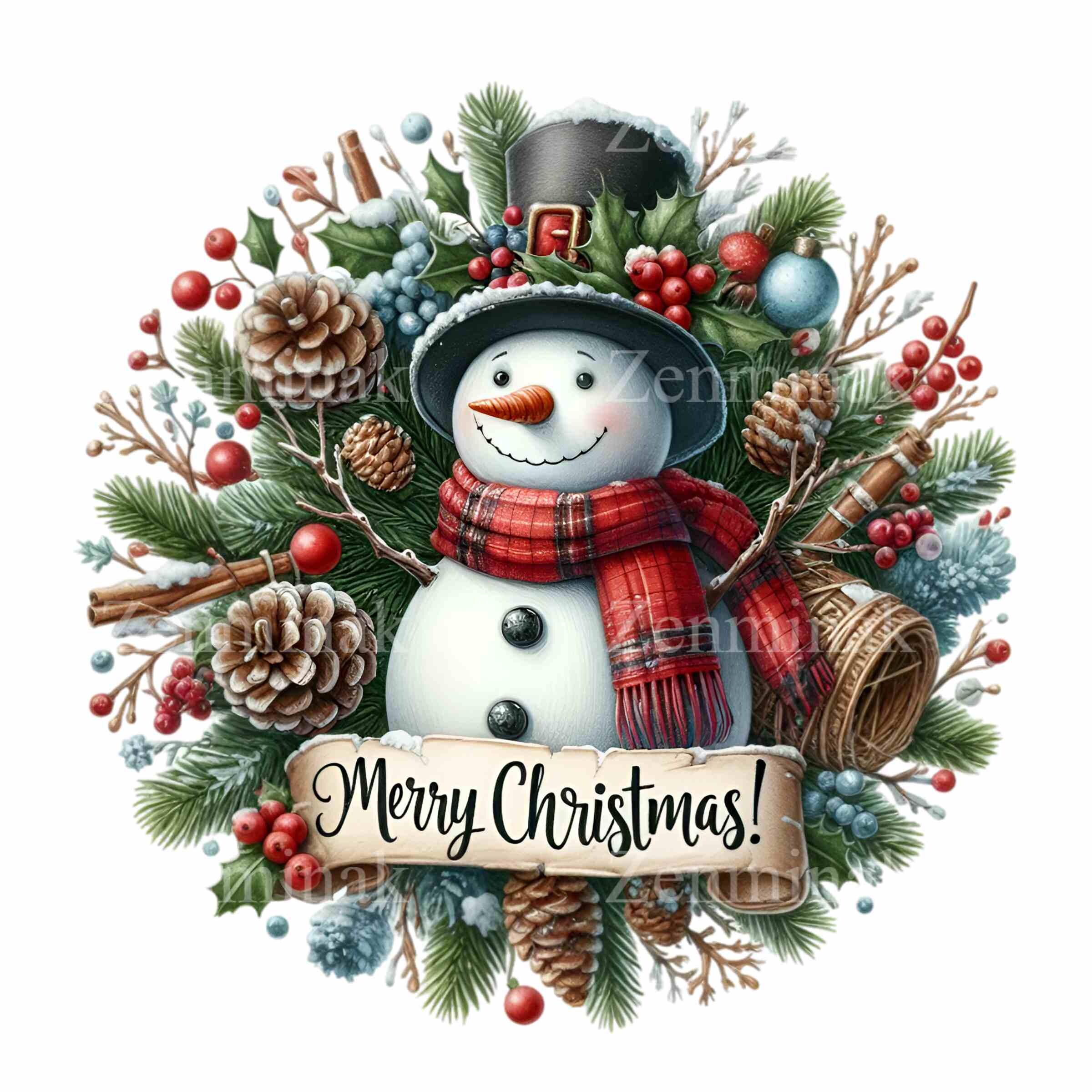 12 PNG Snowman Clipart – Cute Christmas Wreath With Snowman and ...