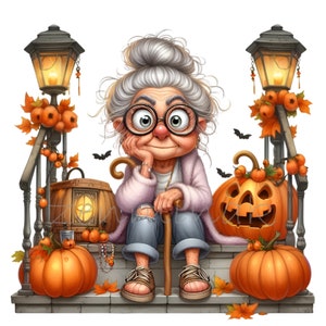 Charming Senior Lady Halloween Illustration 12 Festive Porch Clipart ...