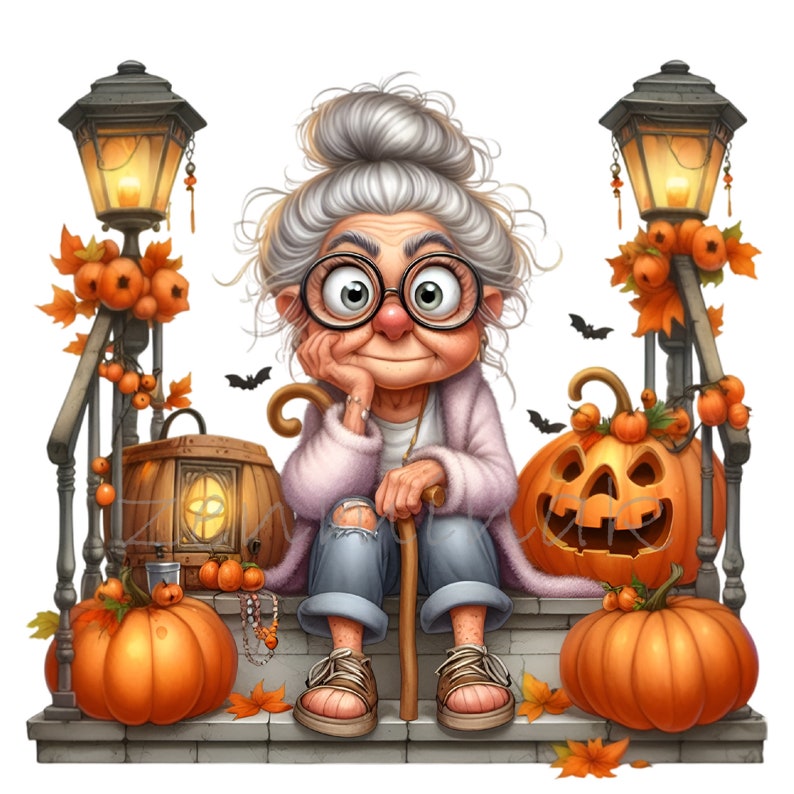 12 PNG Autumn Senior Woman on Porch, Pumpkin Fall Clipart, Bird Lantern ...