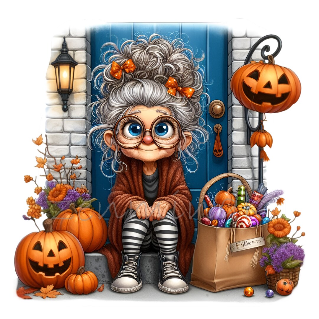 10 PNG Halloween Grandma Autumn Sublimation, Old Lady Clipart Pumpkin ...