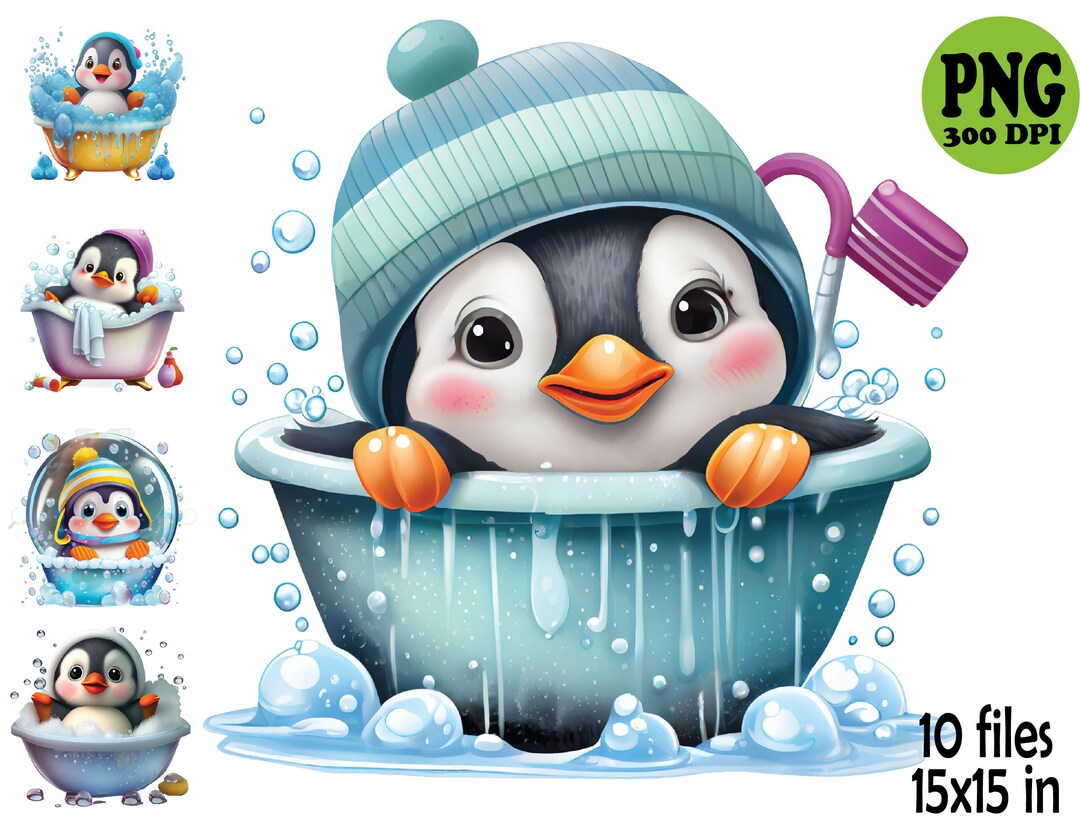 Cute Penguin Clipart Illustration PNG, Penguin Wash Bubble Bath ...