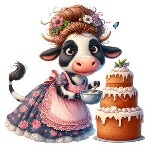 12 Cow Baking PNG Clip Art, Cute Animal in Floral Dress PNG, Cake ...
