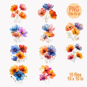 10 Watercolor Floral Clip Art PNG - Vibrant Blue, Yellow, and Orange ...