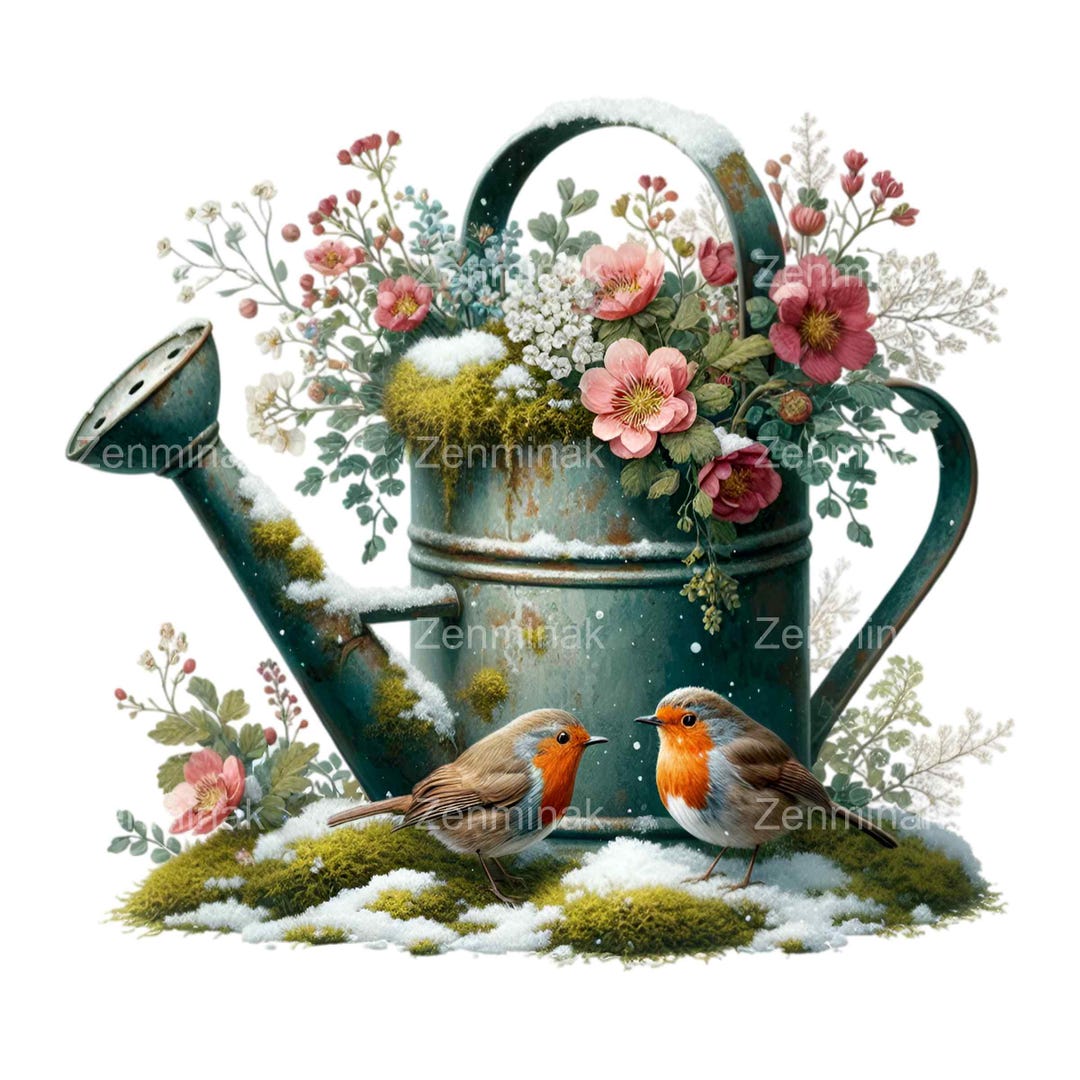 Watering Can With Robins PNG - 10 Winter Garden Scene With Flowers ...