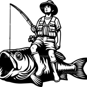 4 Funny Fisherman SVG Cut File – Man Riding Giant Fish With Rod, Hat ...