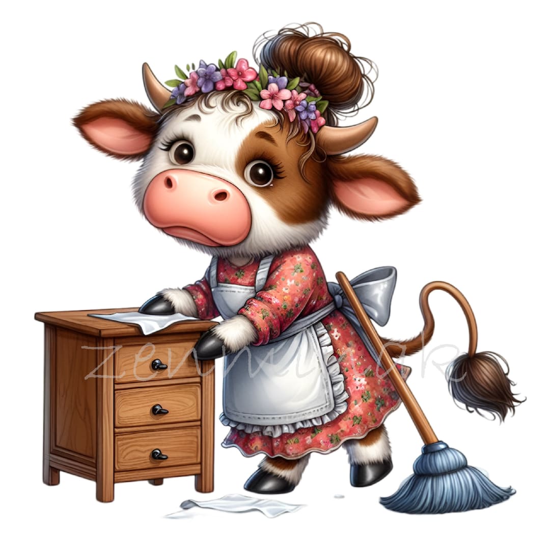 12 PNG Cleaning Cow – Cute Housemaid Cow PNG Clipart With Mop and ...