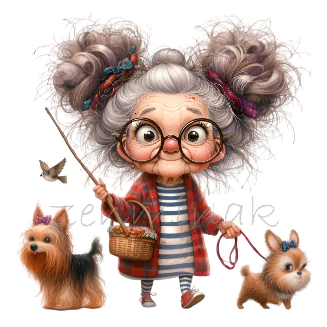 Senior Lady Walking With Dogs 14 PNG Funny Comics Grandma Cartoon ...