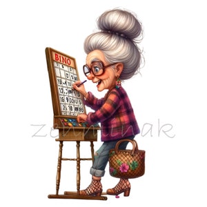 Senior Lady Playing Bingo 12 PNG Funny Comics Cartoon Illustration ...
