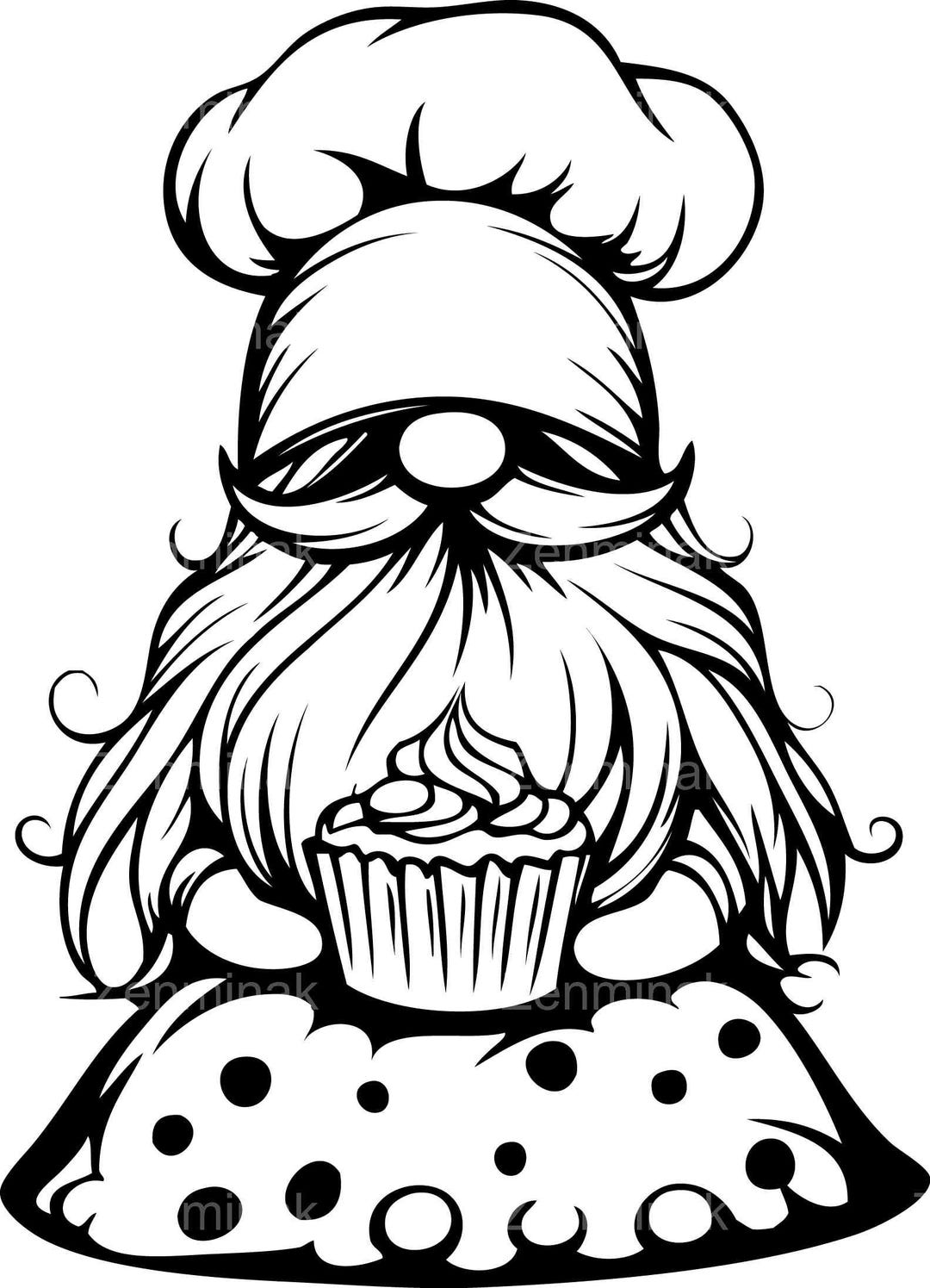 8 Chef Gnome SVG File Cute Black and White Gnome Holding Cupcake Design ...