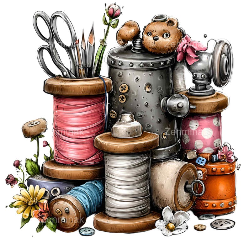 16 PNG Sewing Tools – Colorful Spools, Buttons & Scissors Clipart With ...